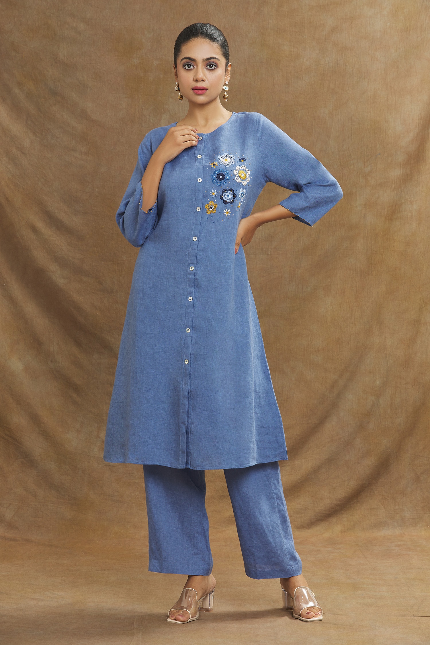 Buy Linen Bloom Blue Linen Placement Embroidered Tunic Online | Aza ...