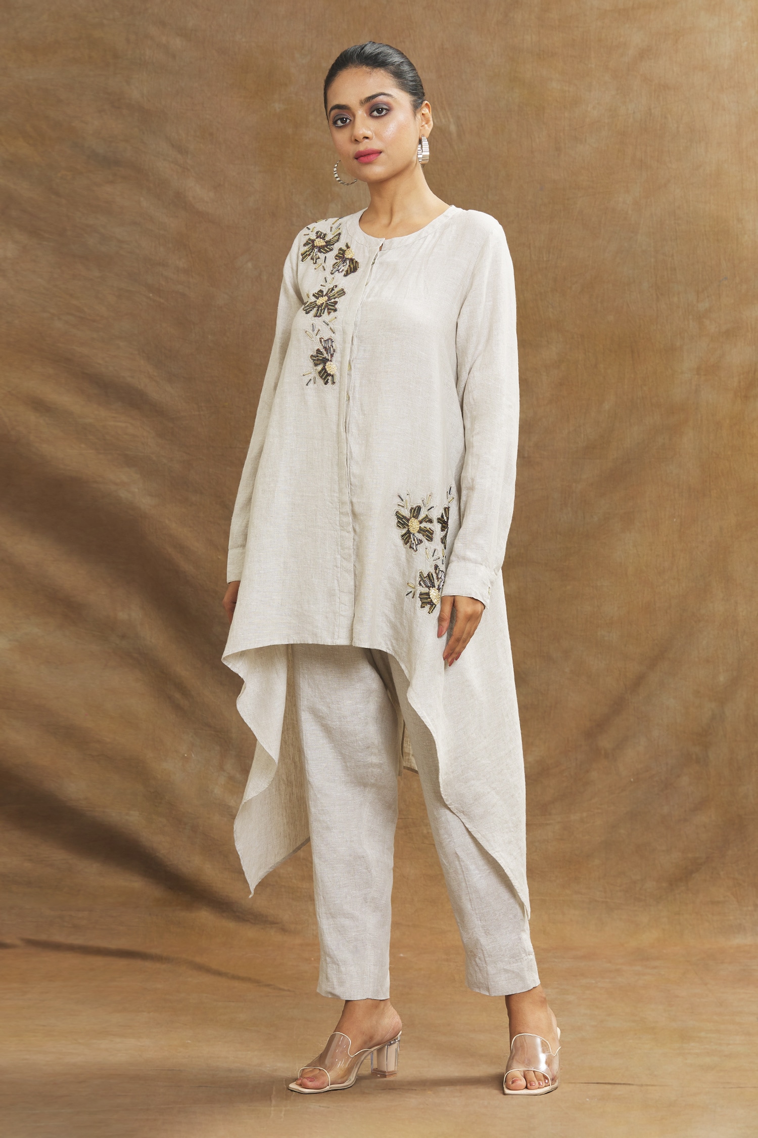 Buy Beige 100% Linen Embroidered Floral Round Cutdana Tunic For Women ...