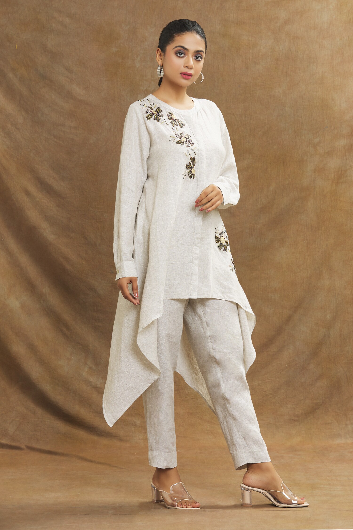 Buy Linen Bloom Beige Linen Solid High Waisted Pant Online | Aza Fashions