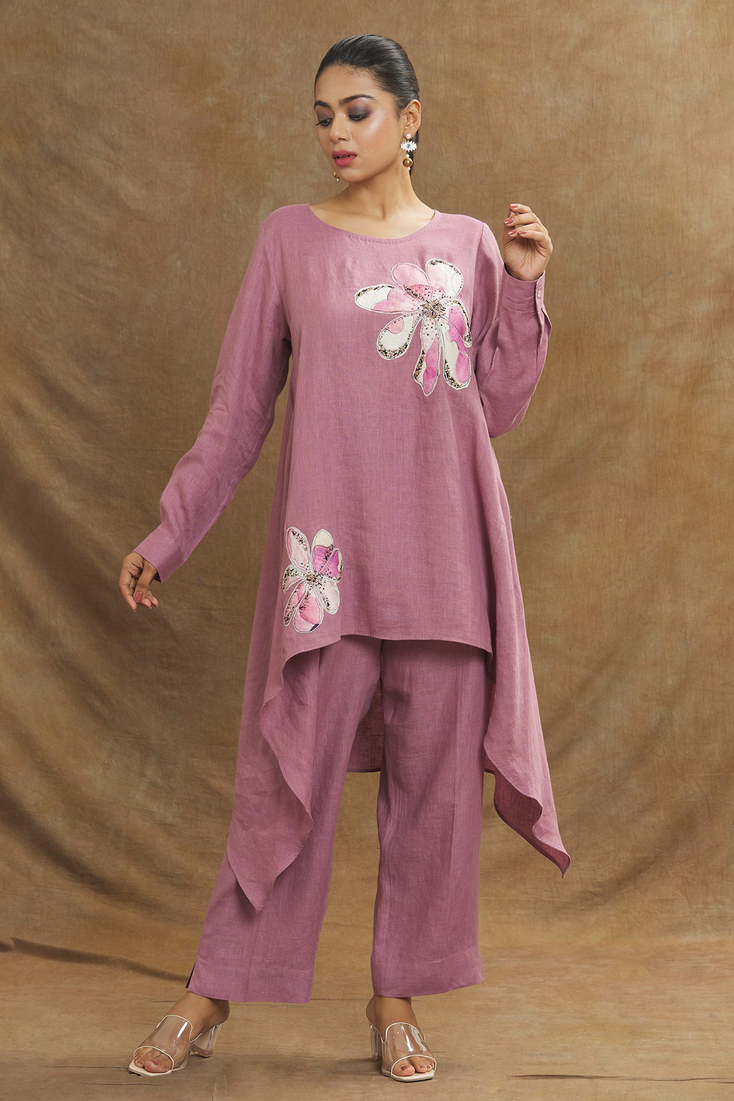 Buy Linen Bloom Purple Linen Floral Embroidered Tunic Online | Aza Fashions
