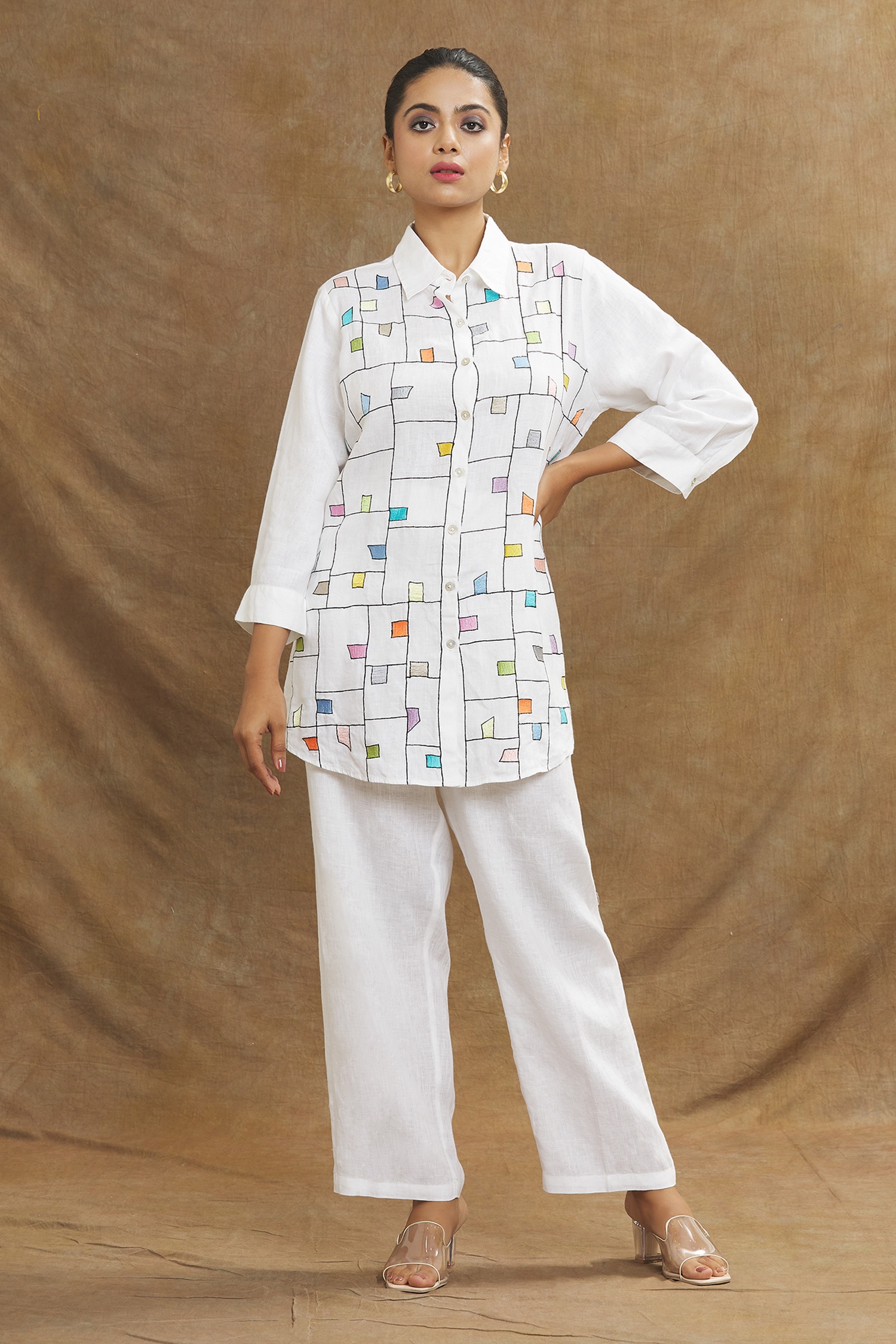 Buy Linen Bloom White Box Embroidered Linen Shirt Online | Aza Fashions