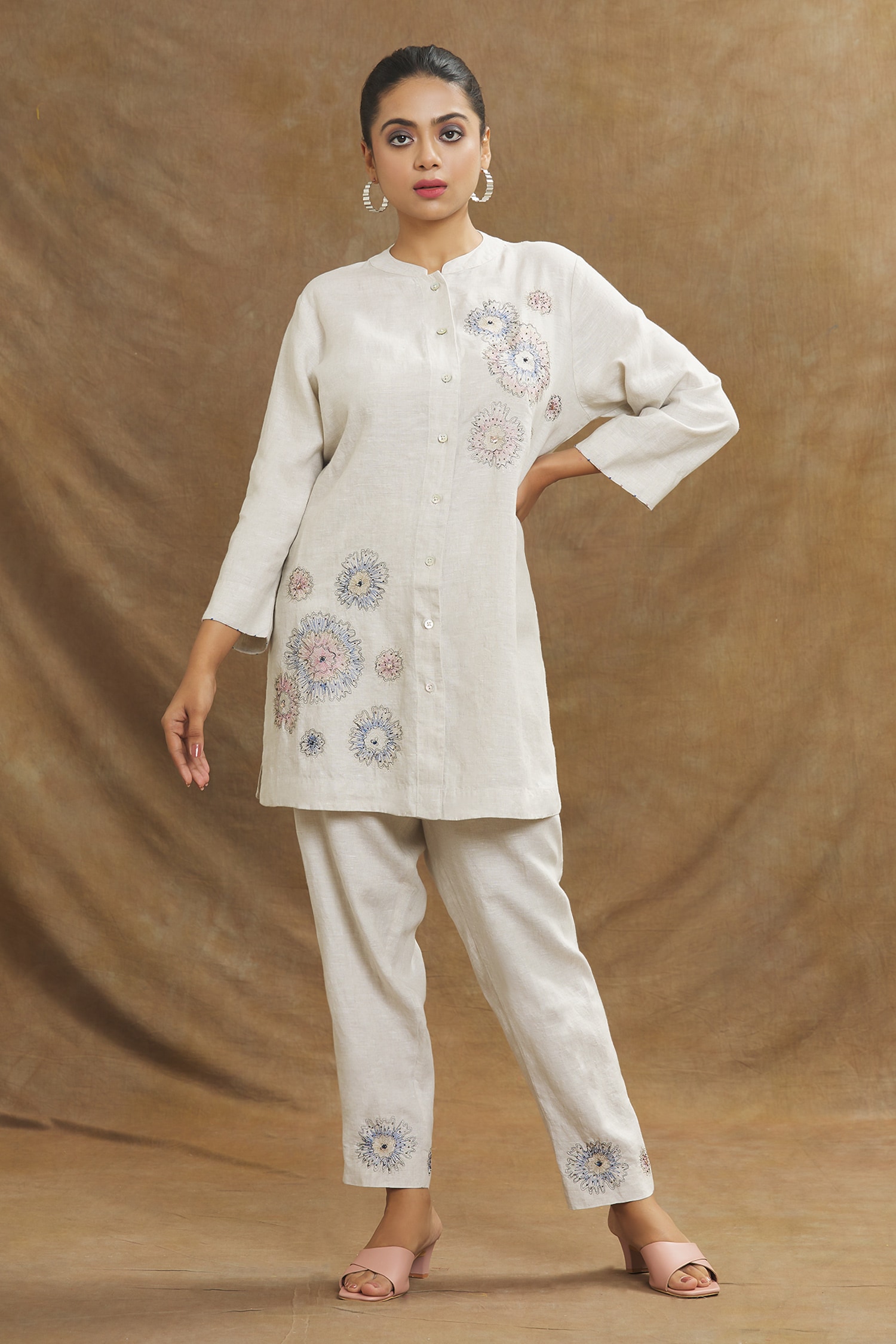 Buy Linen Bloom Beige Floral Bling Embroidered Linen Shirt Online | Aza ...