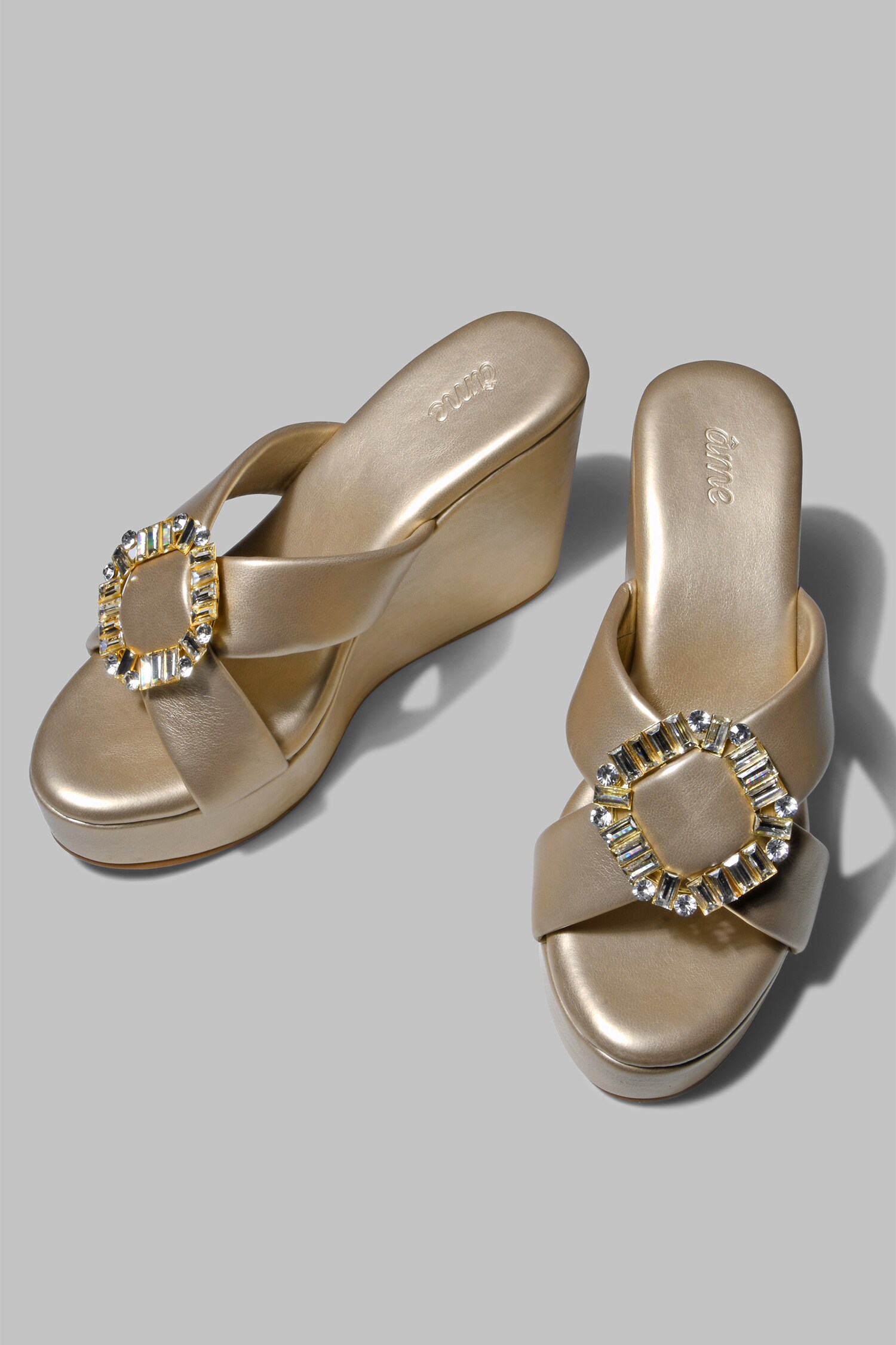 Buy Ame Gold Vegan Leather Metallic Embellished Wedges Online | Aza ...