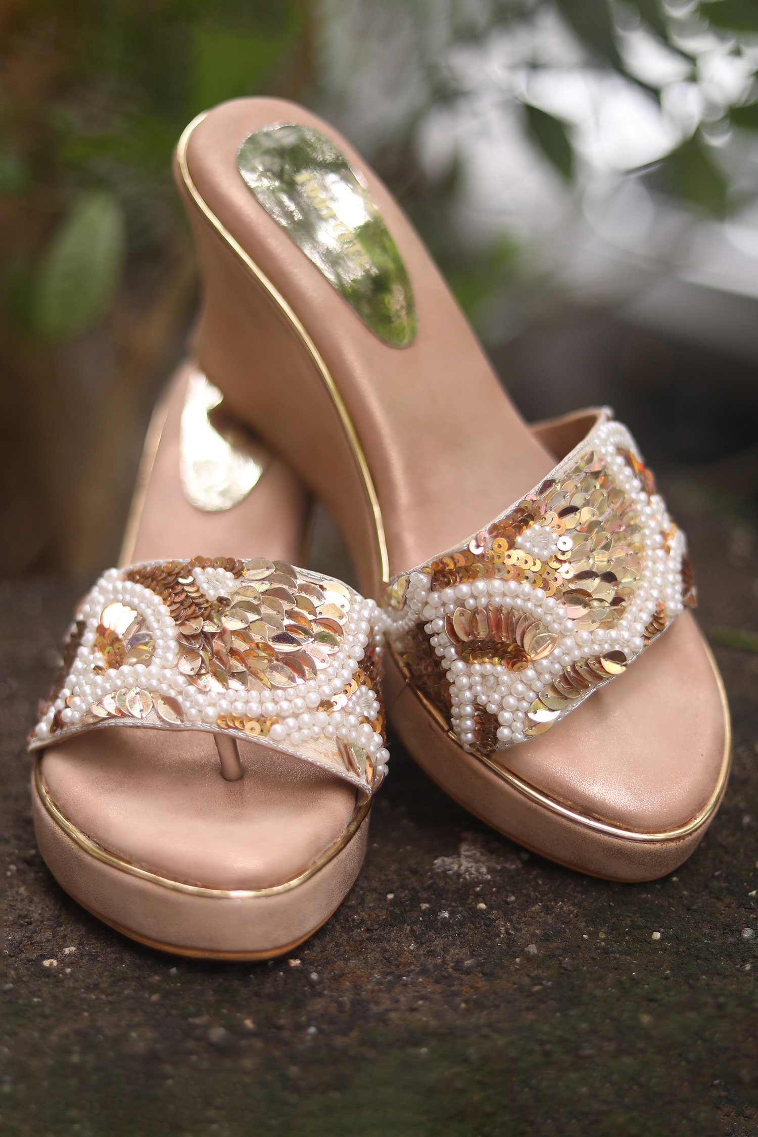 Buy Gold Sequins Dil Tod Embellished Wedges by Foot Fuel Online at Aza ...