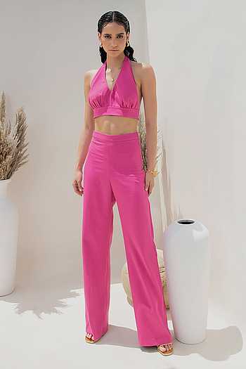 Buy Intrinsic India Pink Satin Briana Crop Top And Pant Set Online ...