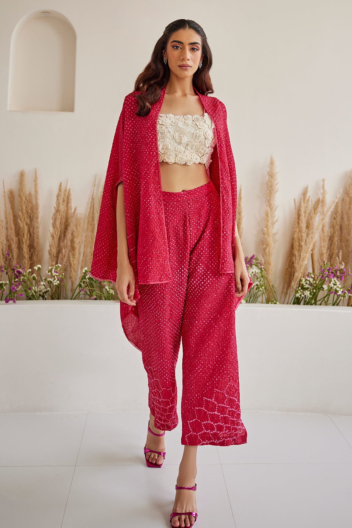 Buy Red Raidaana Crushed Silk Tie And Dye Open Nec Pocket Cape For ...