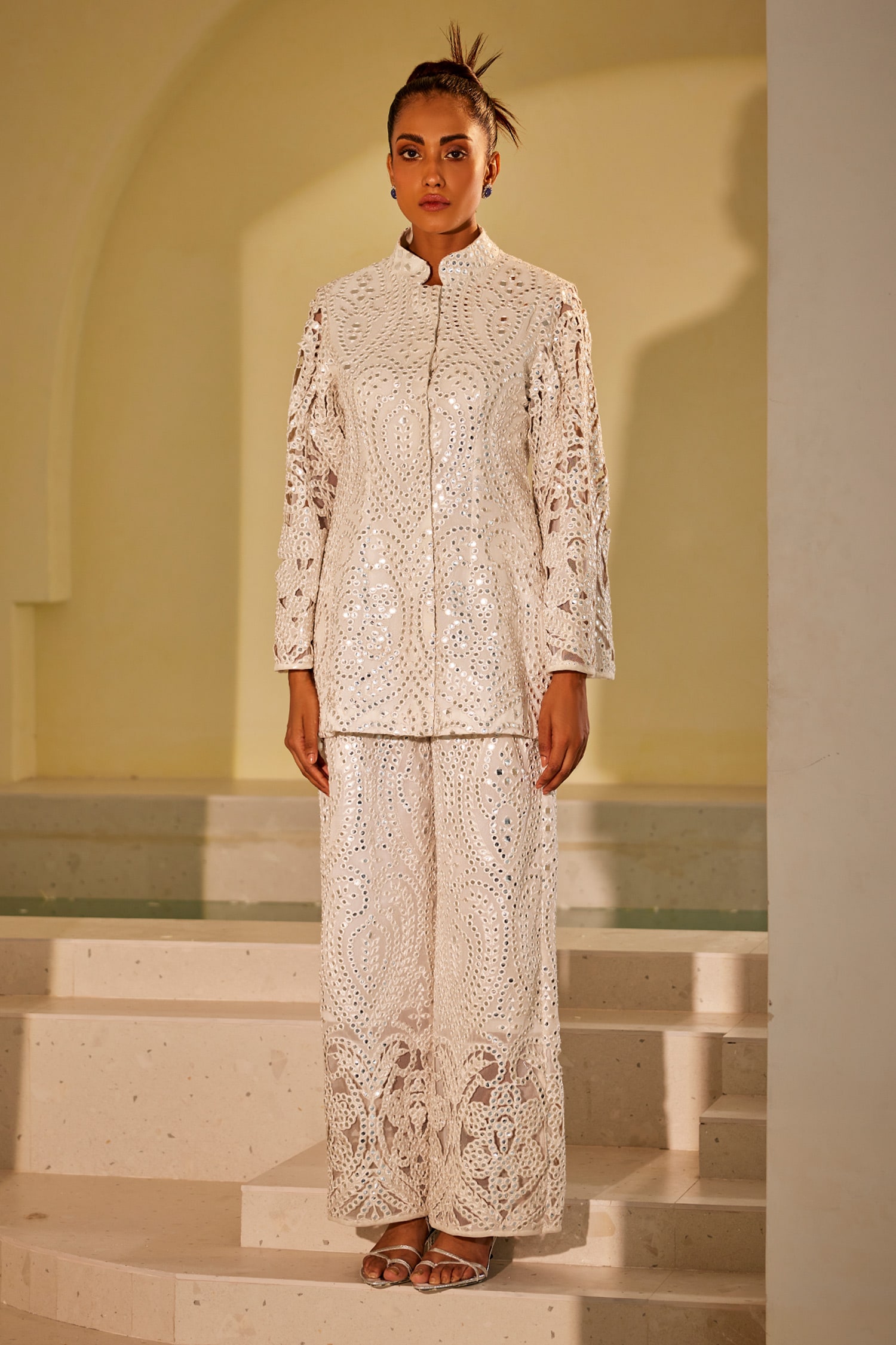 Buy White Georgette Embroidery Mirror Work Mandarin Collar Jaali Jacket ...