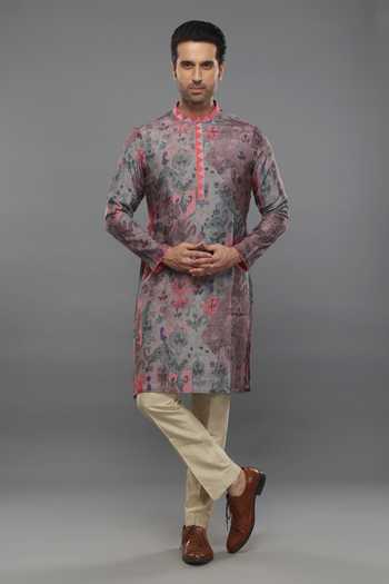 Buy Grey Muslin Plain Dori Ikat And Work Kurta With Pant For Men by ...