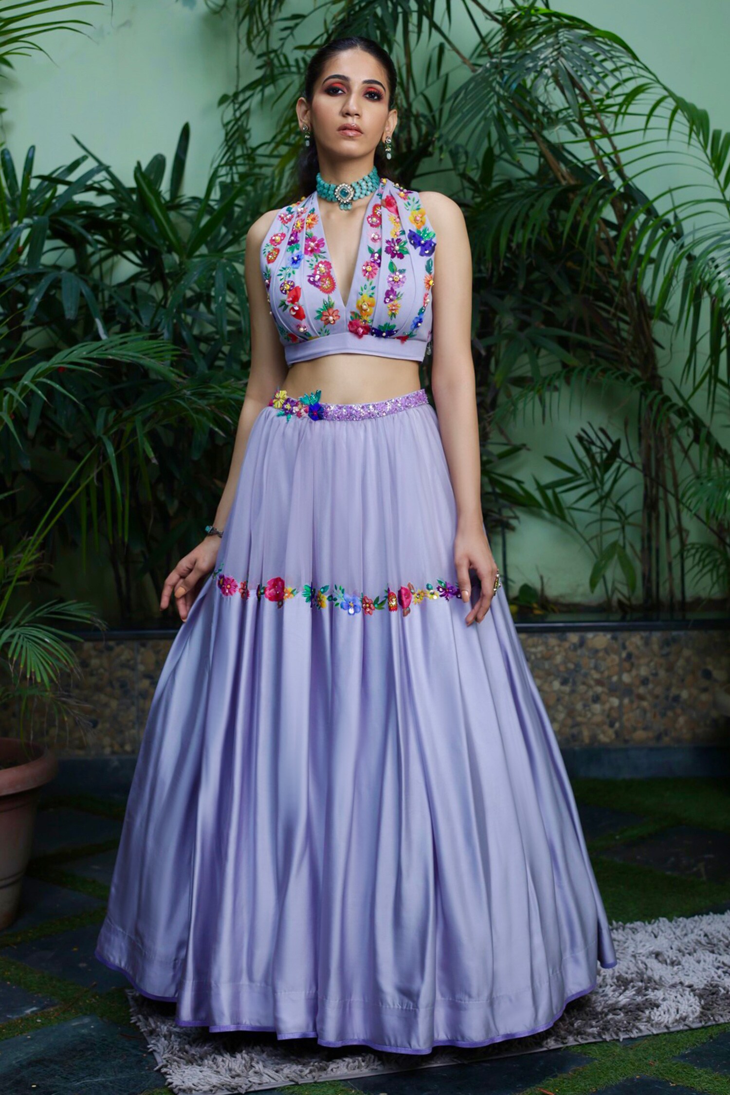 Buy Amit Sachdeva Purple Organza Floral Bloom Work Top With Skirt ...