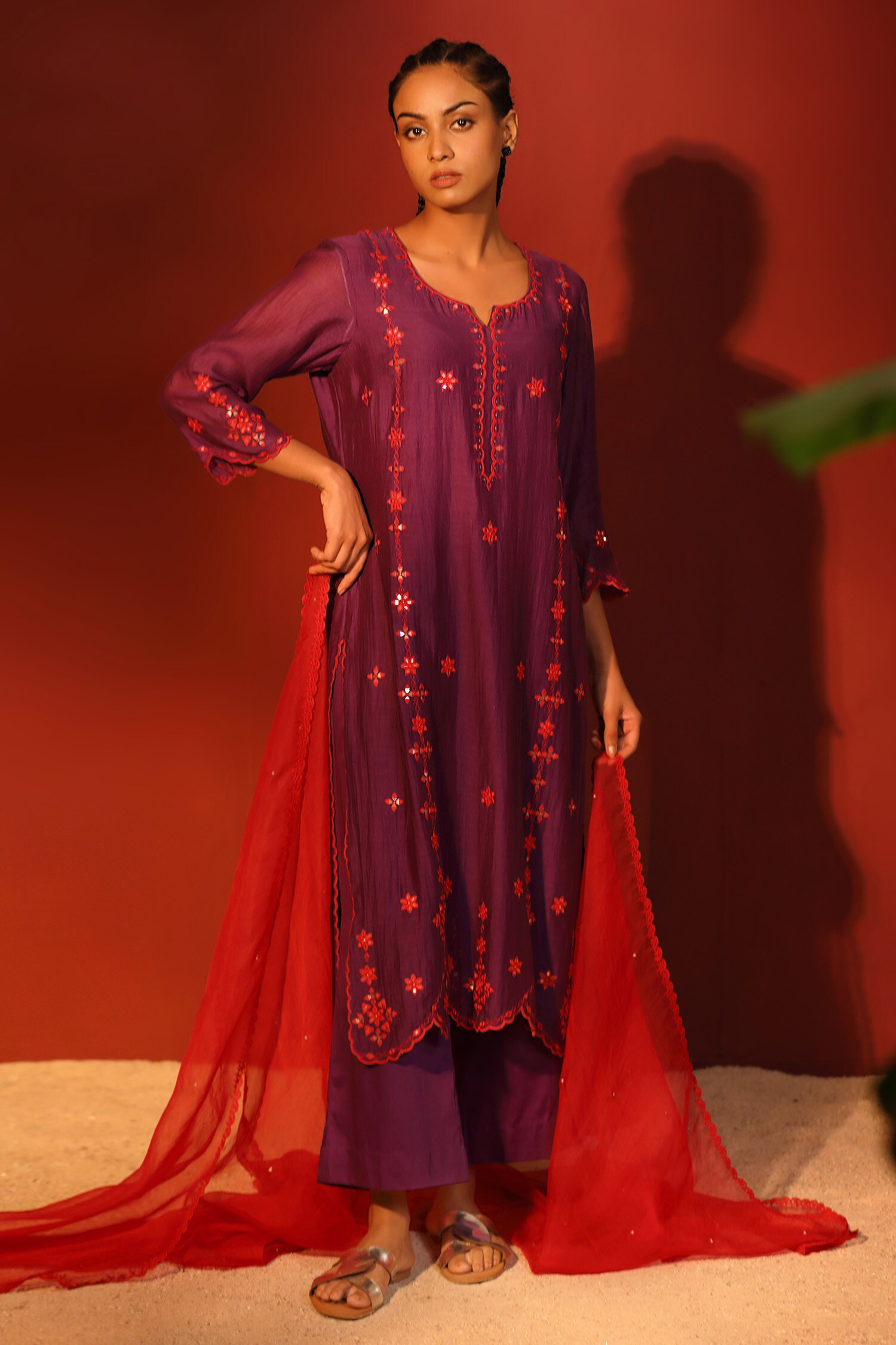 Buy Shetab Kazmi Purple Mul Chanderi Banafsh Mirror Embroidered Kameez ...