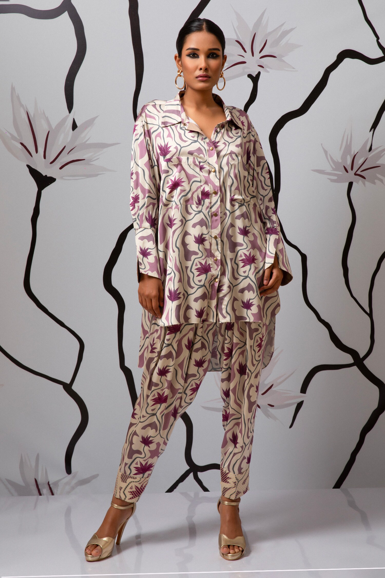 Buy Kaprapan by Anaita Shah White Satin Lotus Print Shirt Tunic And ...
