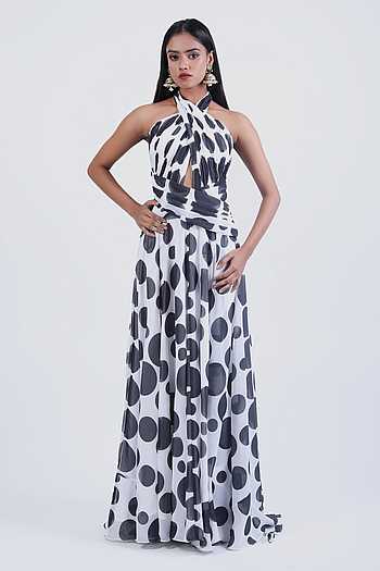 Buy Swatee Singh Black Georgette Criss Cross Polka Dot Pattern Gown ...