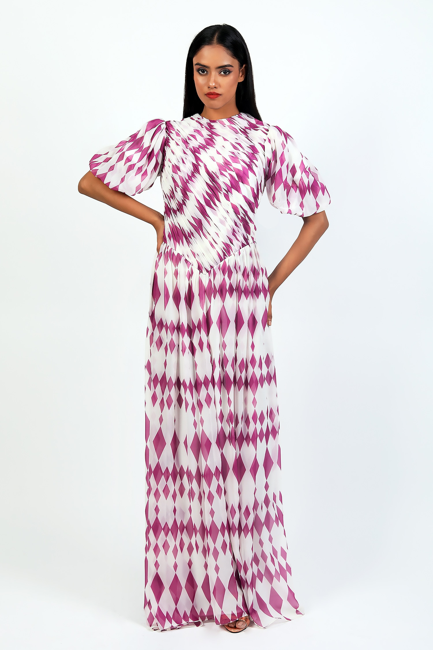 Buy Ivory Poly Geogette Print Diamond Round Balloon Sleeve Pattern Gown ...