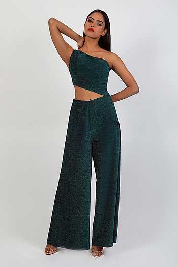 Buy Swatee Singh Blue Lurex Shimmer Finish Front Cut-out Jumpsuit ...