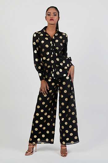 Buy Swatee Singh Black Georgette Polka Dot Pattern Shirt With Pant ...