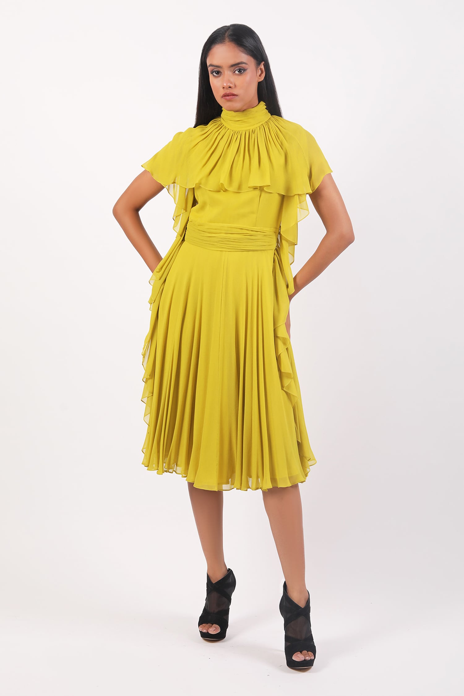 Buy Yellow Georgette Solid High Neck Ruffled Dress For Women by Swatee ...
