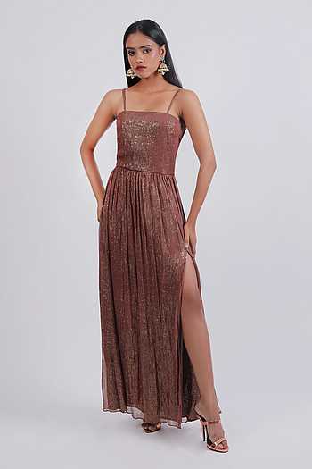 Buy Swatee Singh Brown Georgette Strappy Sleeve Dress Online | Aza Fashions