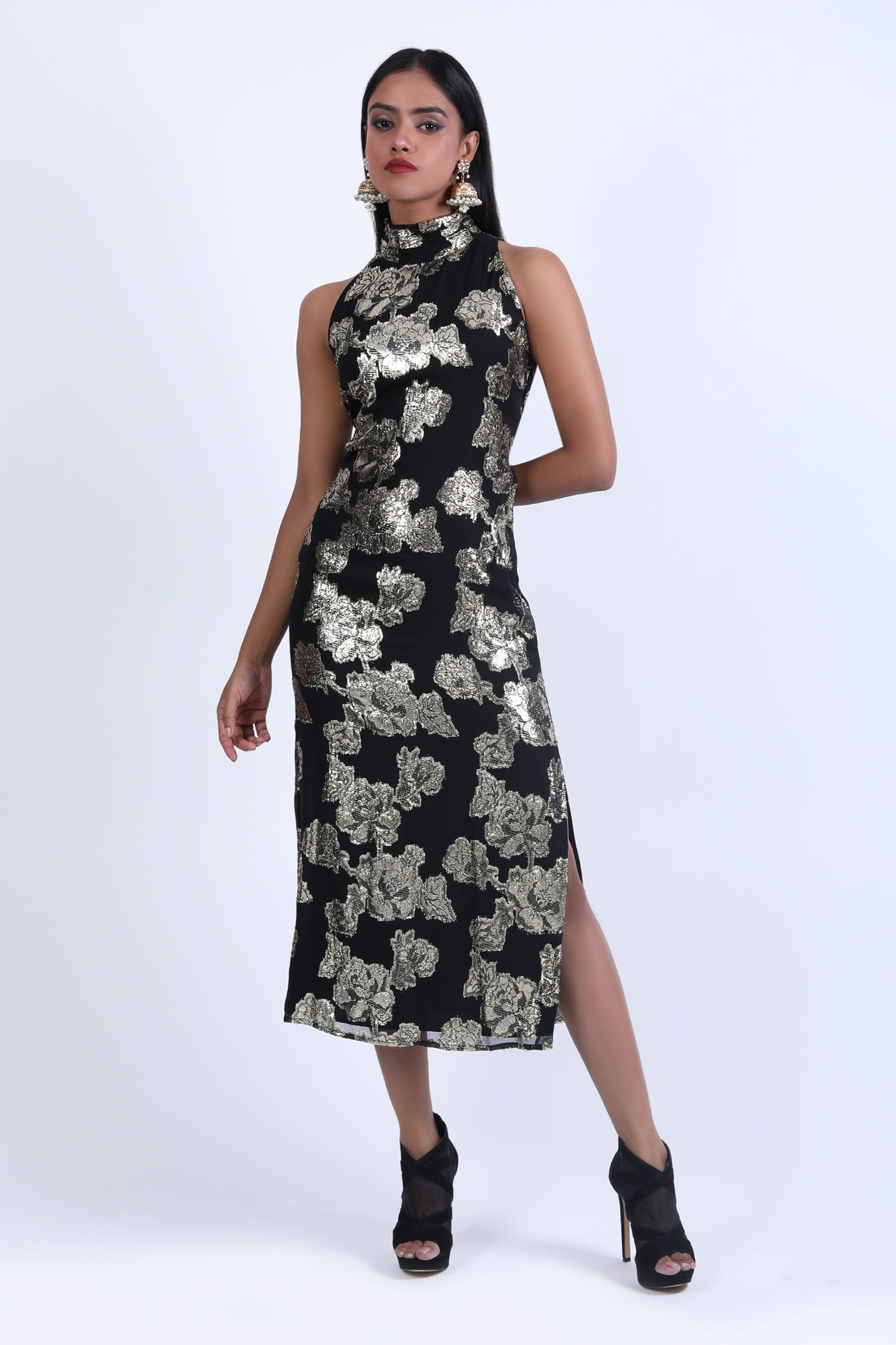 Buy Black Georgette Embroidered Floral Halter Bodycon Dress For Women ...