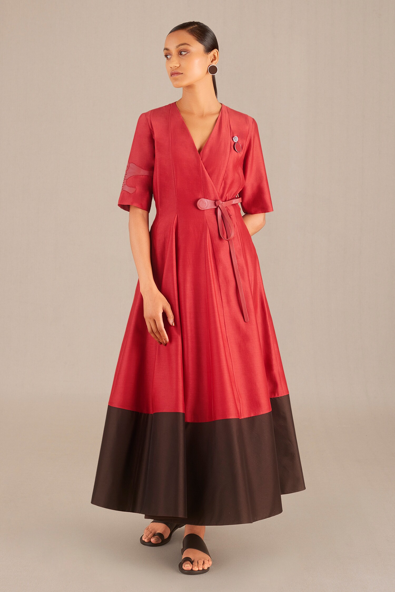 Buy Red Chanderi 70 Embroidered Applique Surplice Amna Color Block ...