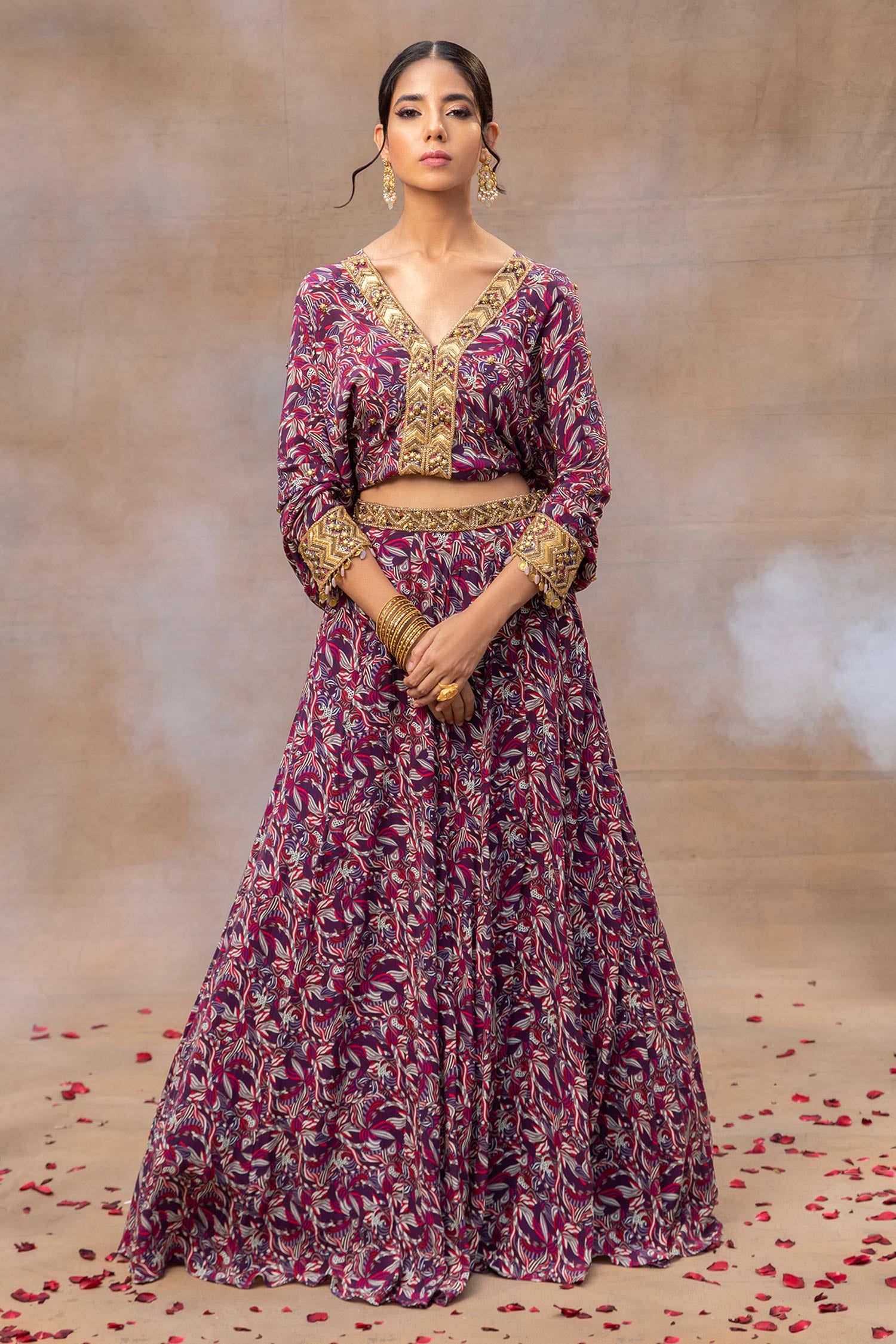 Buy Purple Crepe Printed And Embroidered Floral V Lehenga & Blouse Set ...