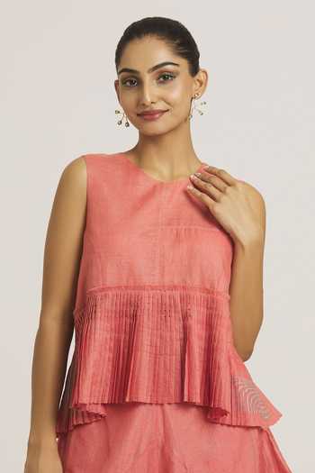 Buy Urvashi Kaur Coral Tissue Zari Silk Stripe Pattern Peplum Top ...