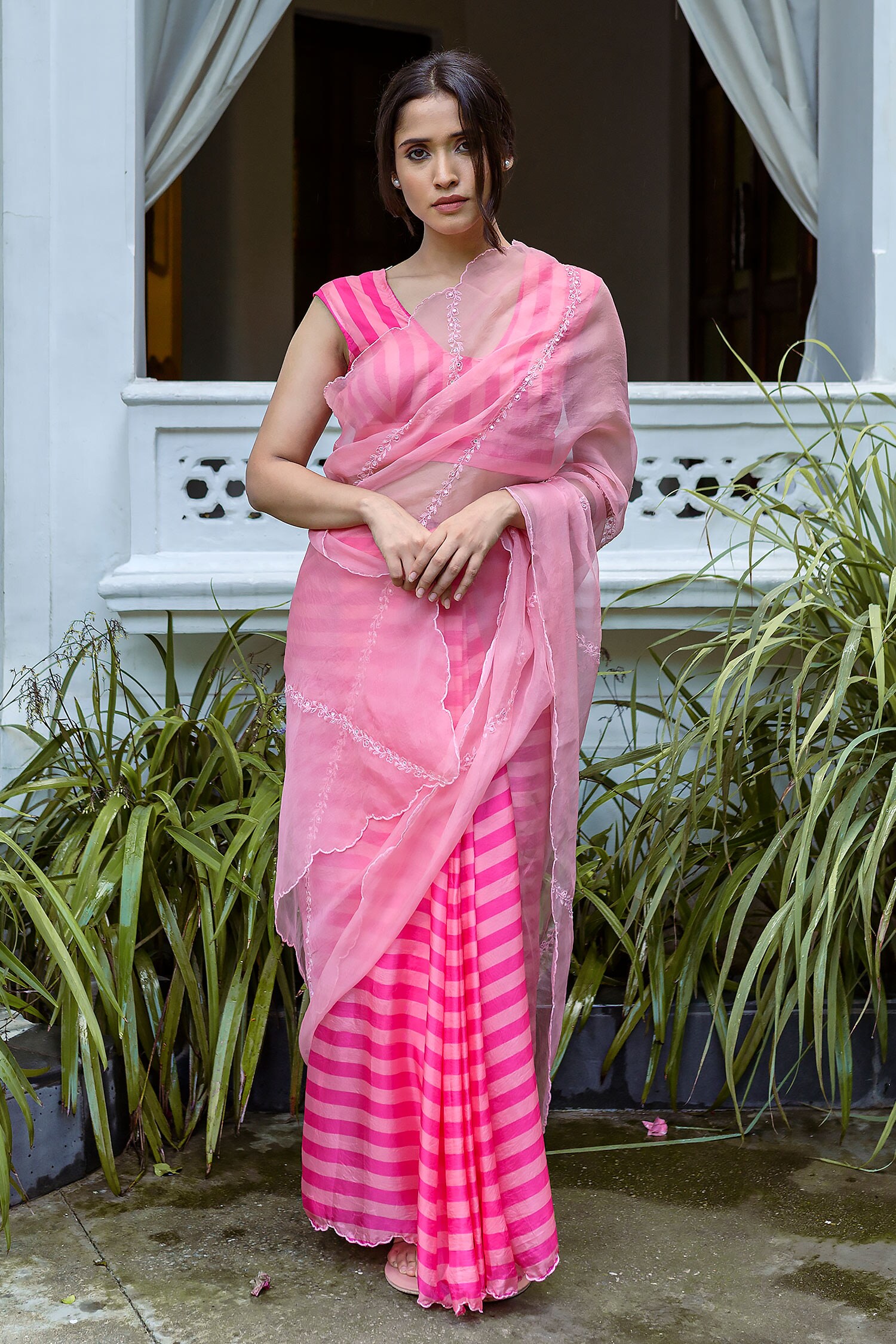 Buy Pink 100% Silk Organza Embroidery Floral Vine Striped Pallu Saree ...