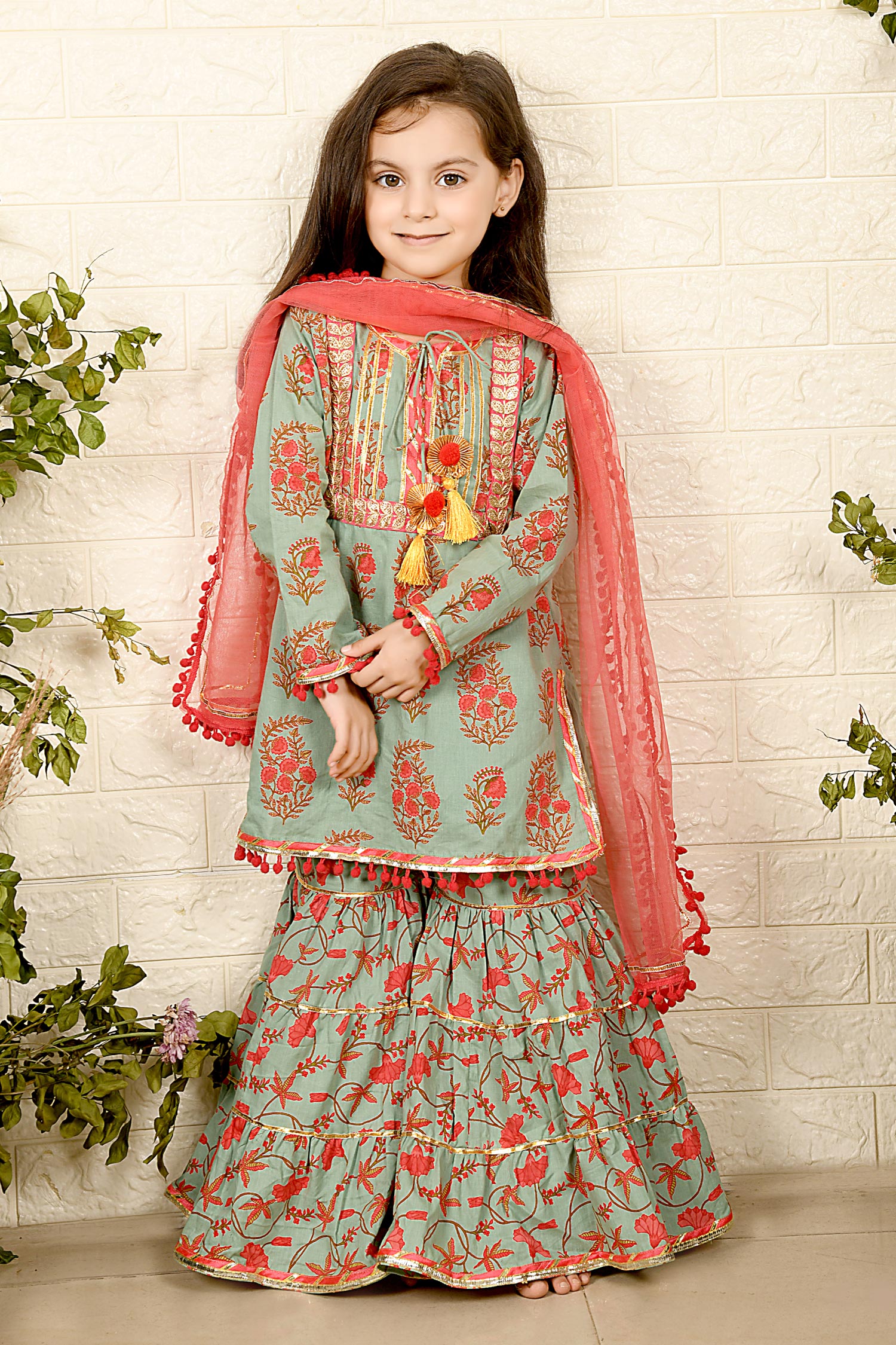Buy Green Cotton Printed Floral Kurta Sharara Set For Girls by The Plum ...