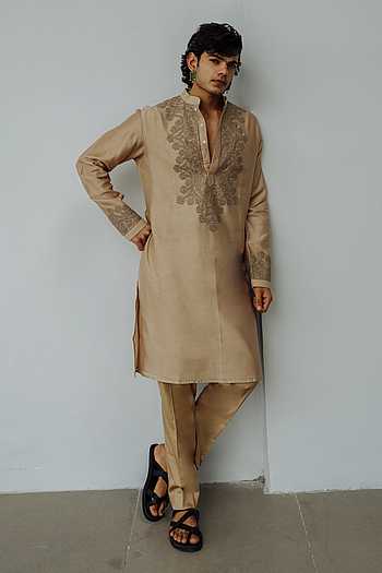 Buy Wabi Sabi Beige Adams Garland Dori Work Chanderi Kurta Set Online ...