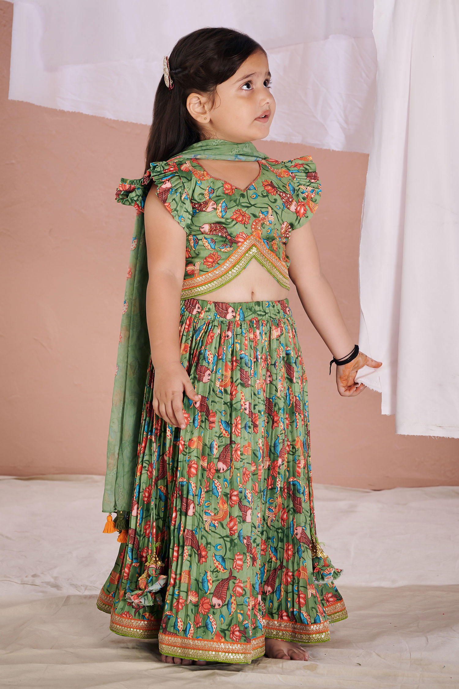 Buy Green Linen Printed Kalamkari Fish Lehenga Set For Girls by ...