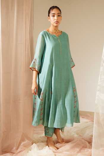 Buy Sarang Kaur Blue Vrinda Placement Hand Embroidered Kurta With Pant ...