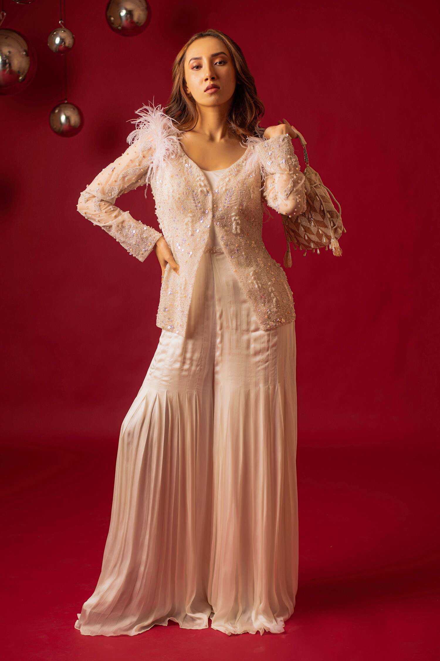 Buy White Organza Hand Embroidered Sequins Round Jacket With Jumpsuit ...