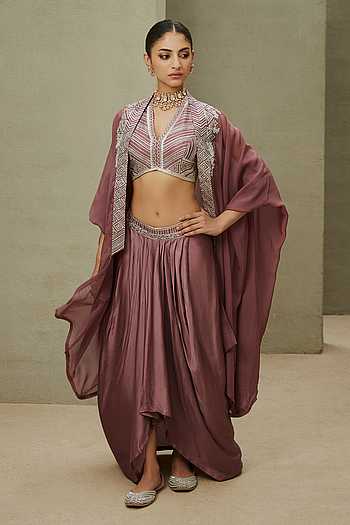 Buy Matsya Pink Blouse The New India Border Embroidered Cape Skirt Set ...