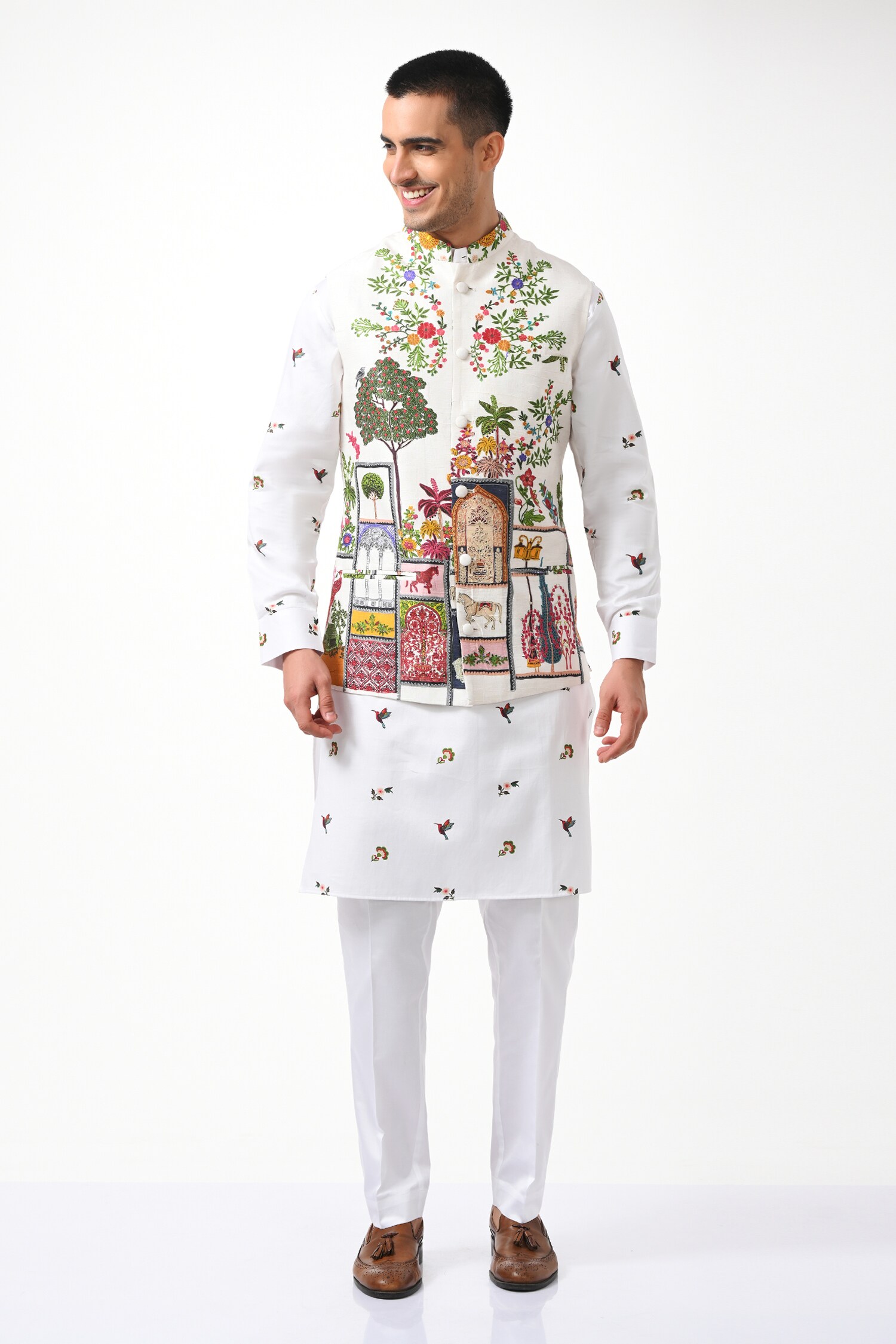 Buy White 100% Silk Embroidery Moroccan Kalamkari Nehru Jacket For Men ...