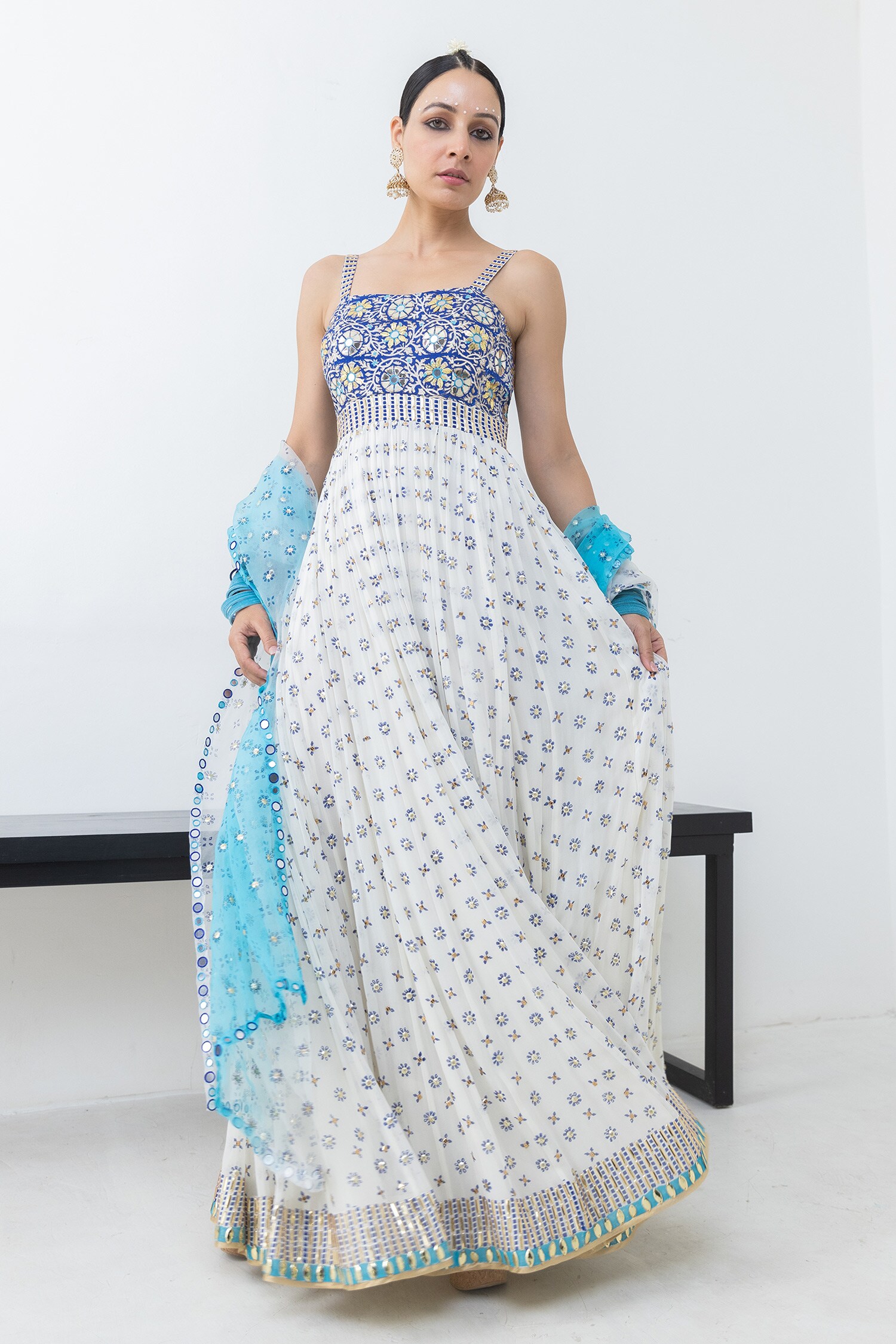 Buy Ivory Georgette Block Printed Floral Patterns Raatraani Anarkali ...