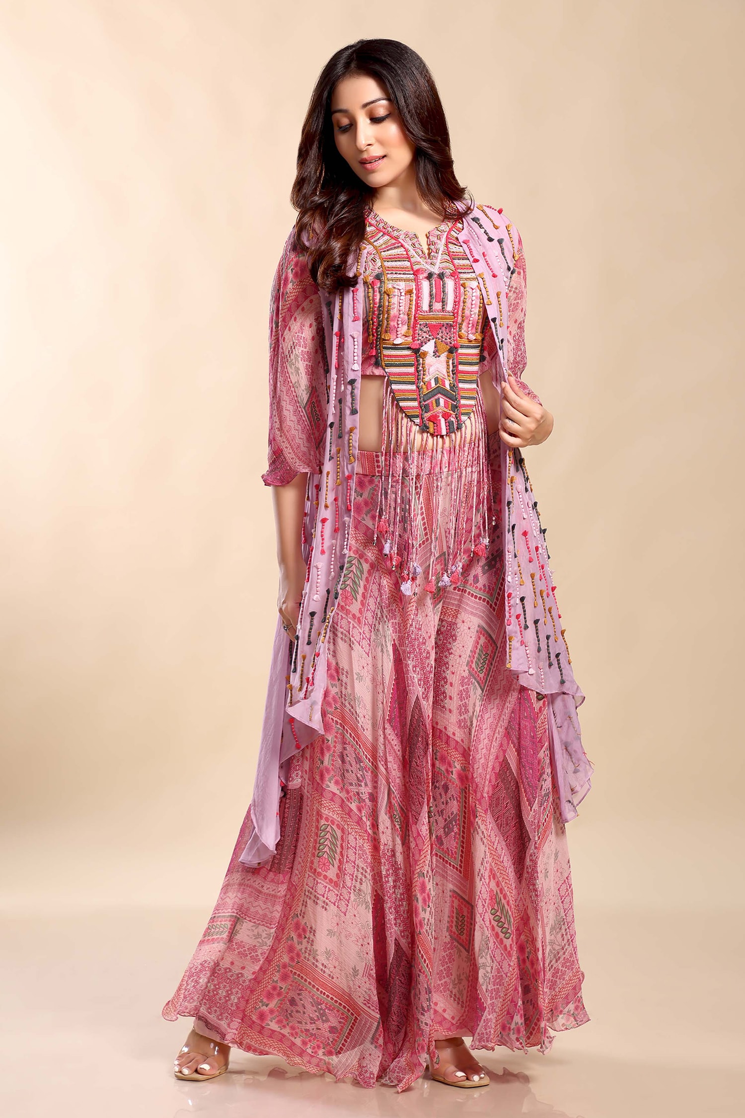 Buy Multi Color Chiffon Embroidered Thread Jacket Open Work Sharara Set ...