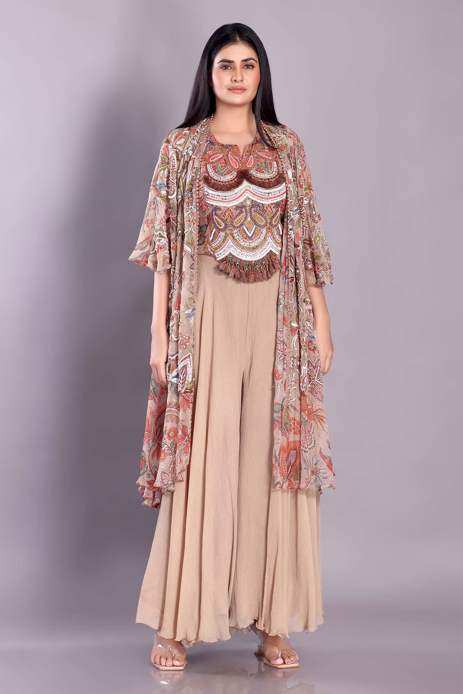 Buy Beige Chiffon Embroidered Thread Jacket Zardosi Hand Sharara Set ...