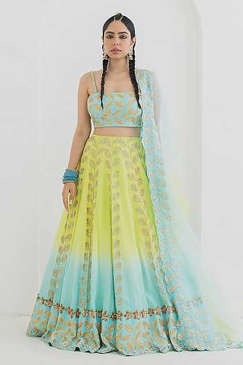 Buy Blue Crepe Embroidered Leaf Patters Square Champa Ombre Lehenga Set ...