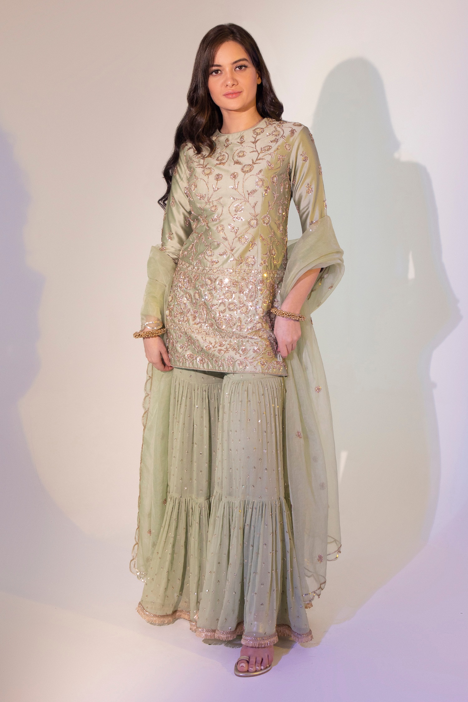 Buy Green Georgette Embroidery Dabka Round Sequin Kurta Sharara Set For ...