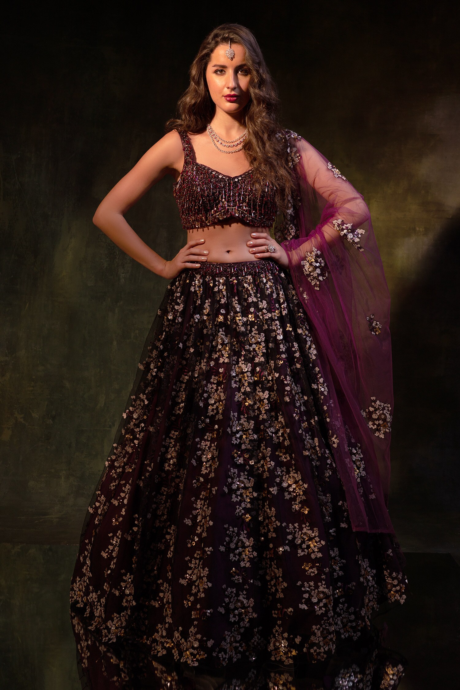 Buy MeenaGurnam Purple Net Floral Cluster Sequin Work Lehenga Set ...