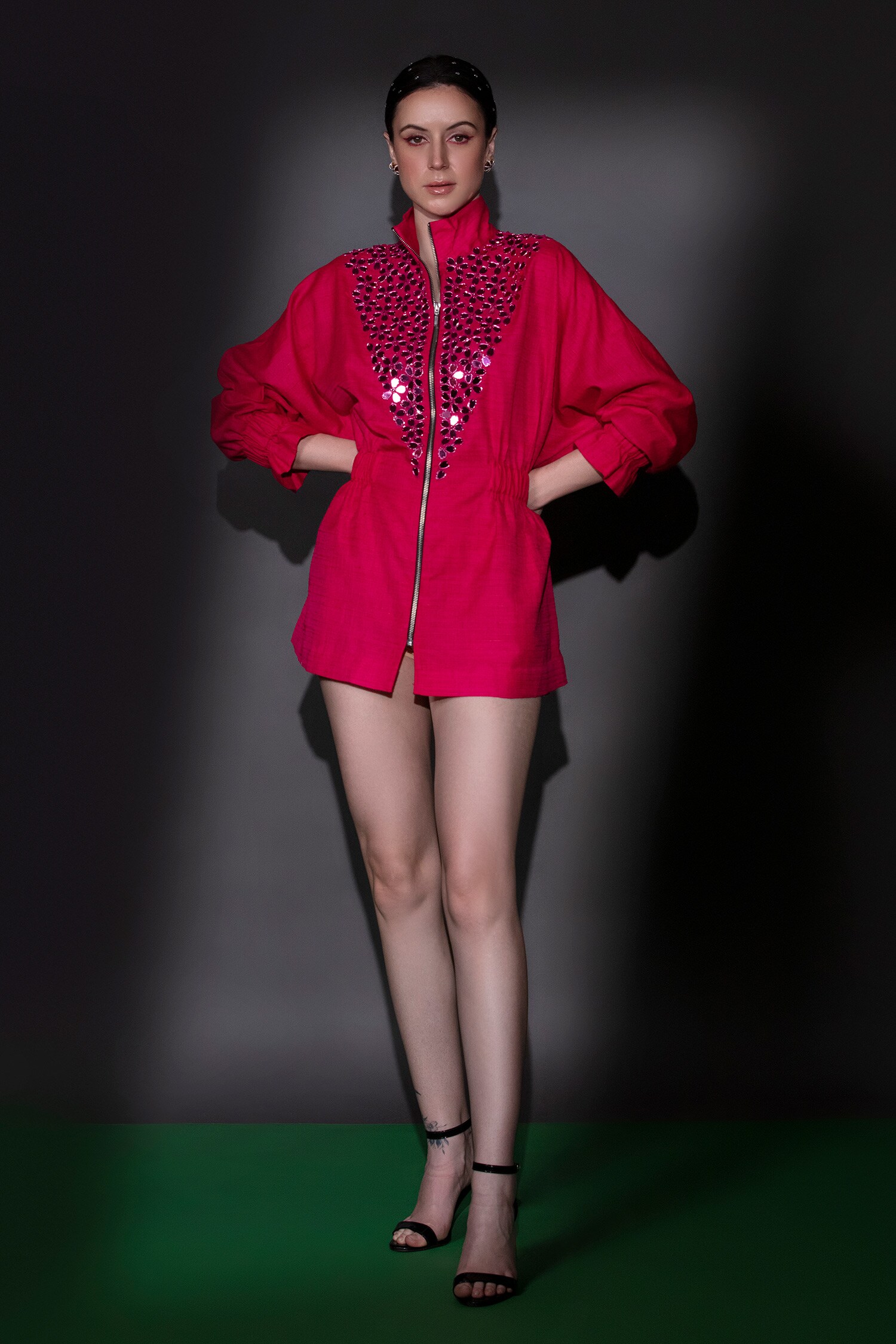 Buy Fuchsia Matka Silk Embroidered Laser-cut Acrylic Glass Jacket Dress ...