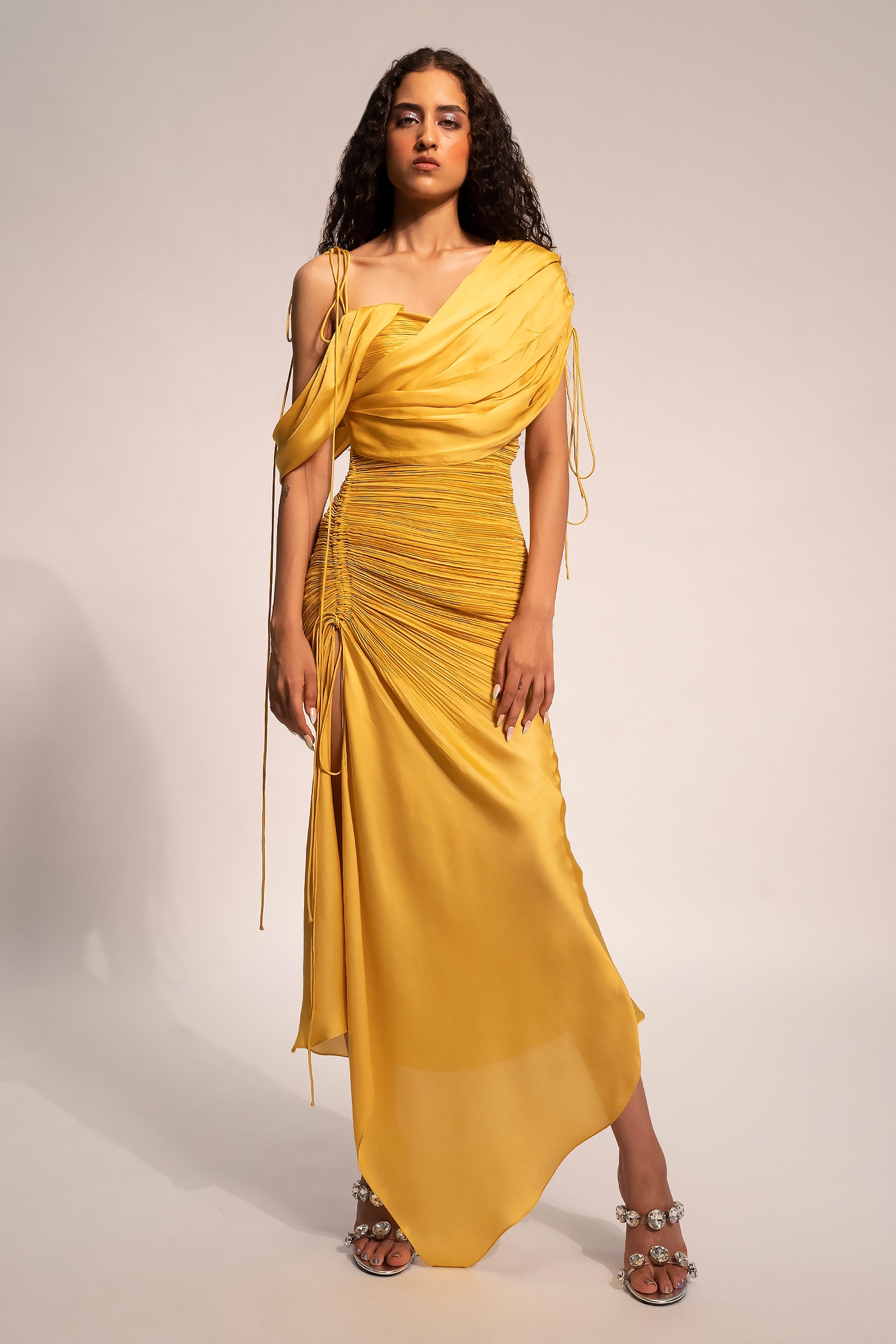 Buy Yellow Modal Satin Plain Asymmetric Neck Pleated Draped Panelled ...
