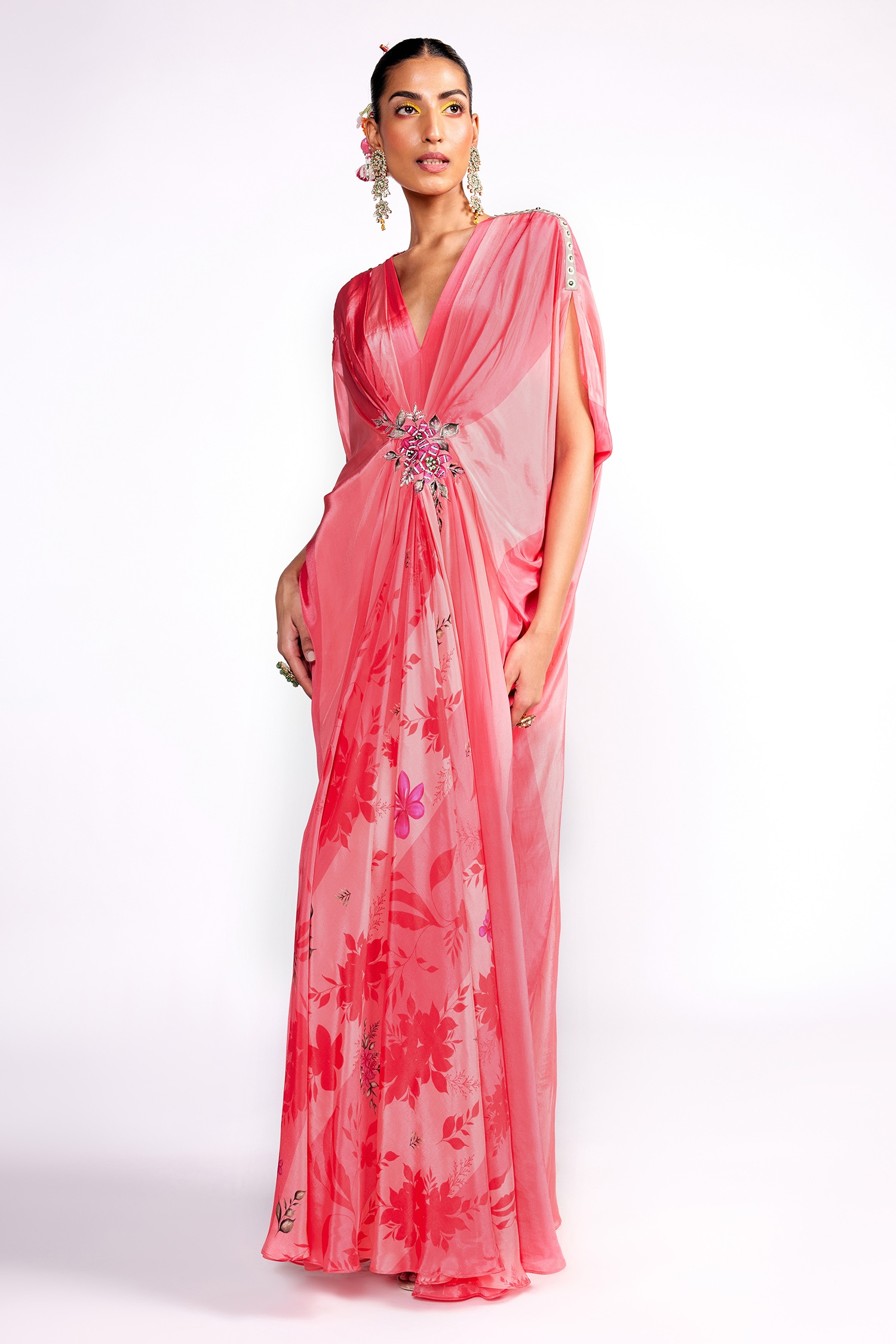 Buy Isha Gupta Tayal Pink Crepe Floral Print Draped Kaftan Online | Aza ...