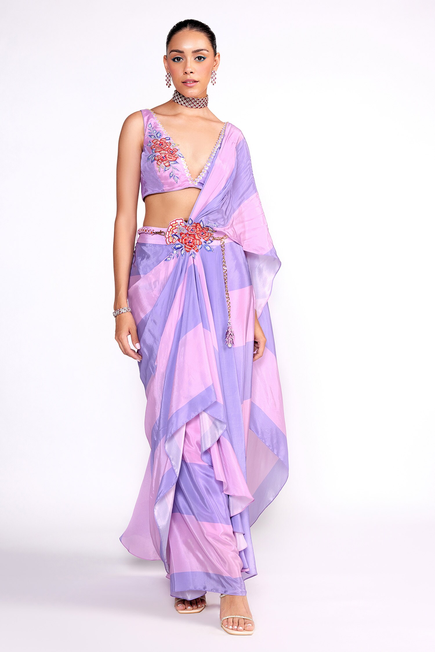 Buy Purple Saree : Chiffon Printed Striped Deep V Pre-draped With ...