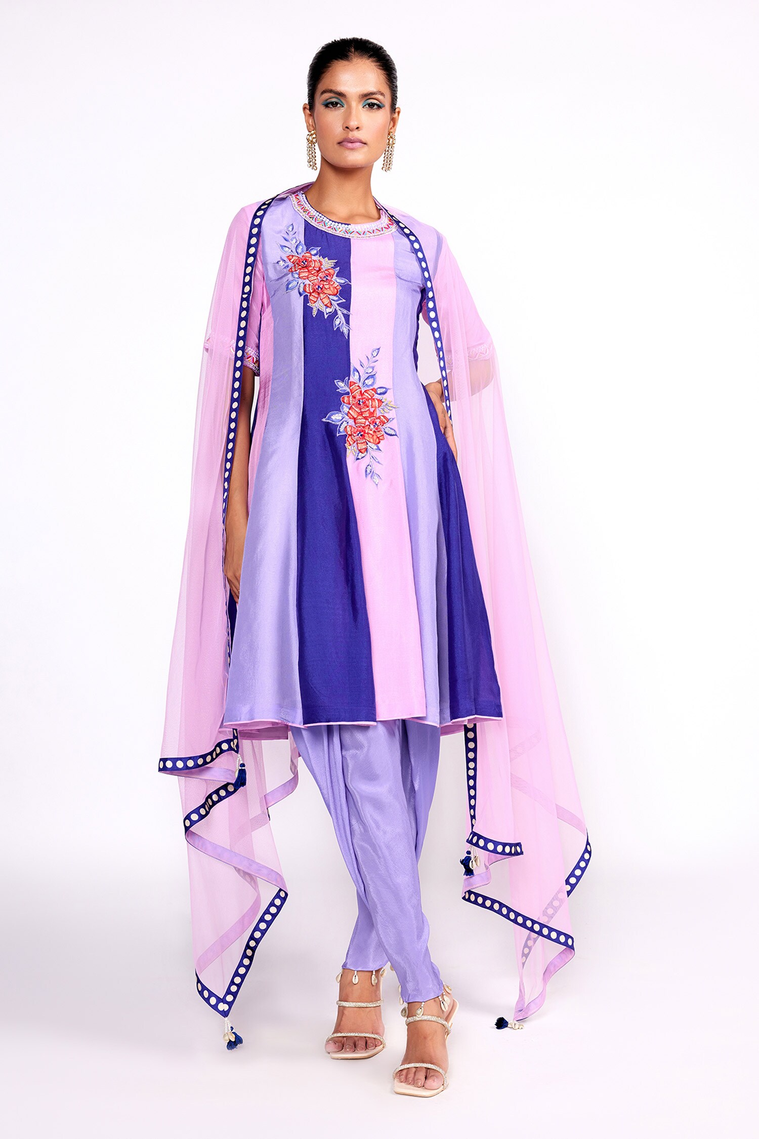 Buy Isha Gupta Tayal Purple Crepe Color Blocked Anarkali Tulip Pant Set ...