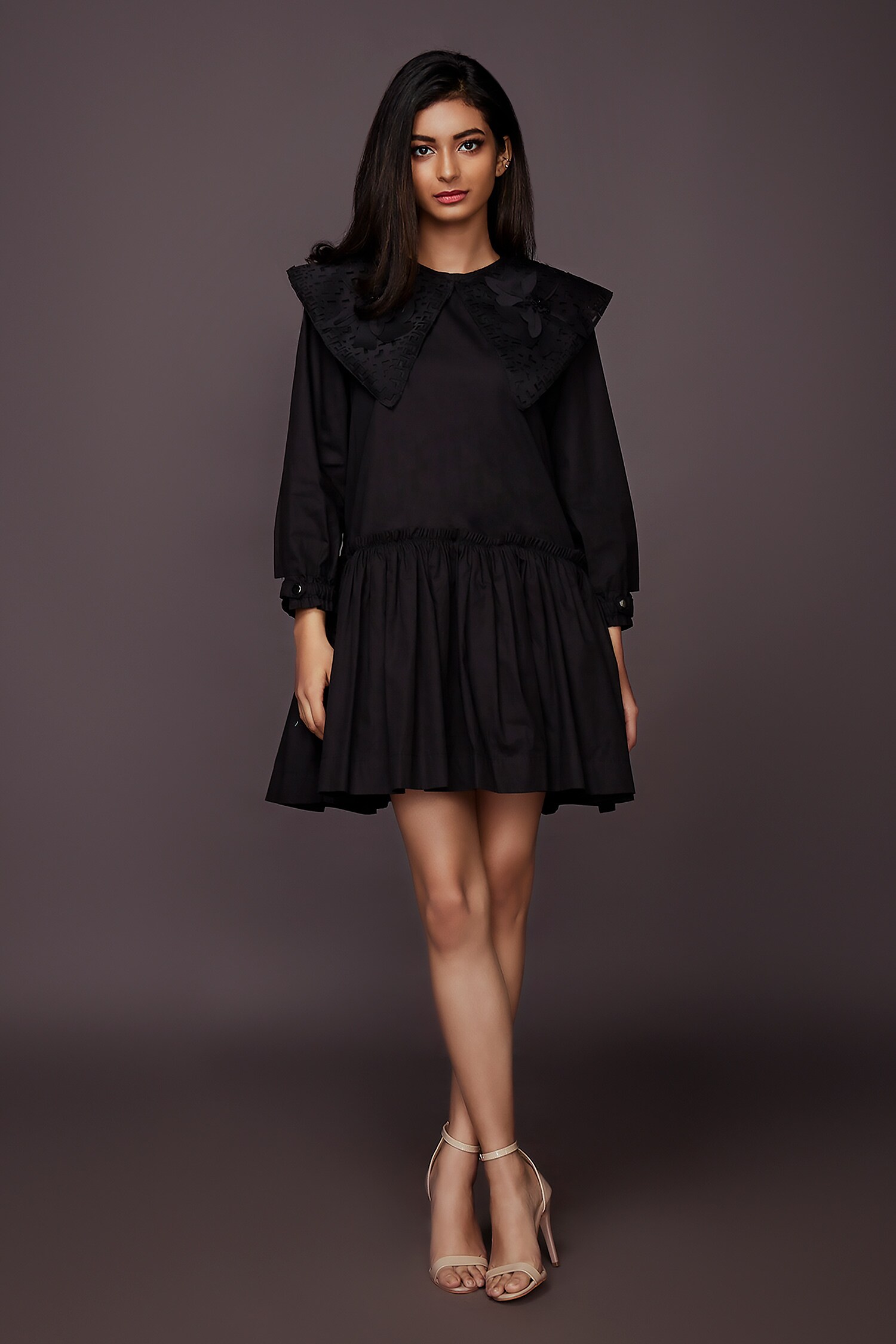 Buy Black Cotton Plain Round Dress With Cutwork Collar For Women by ...