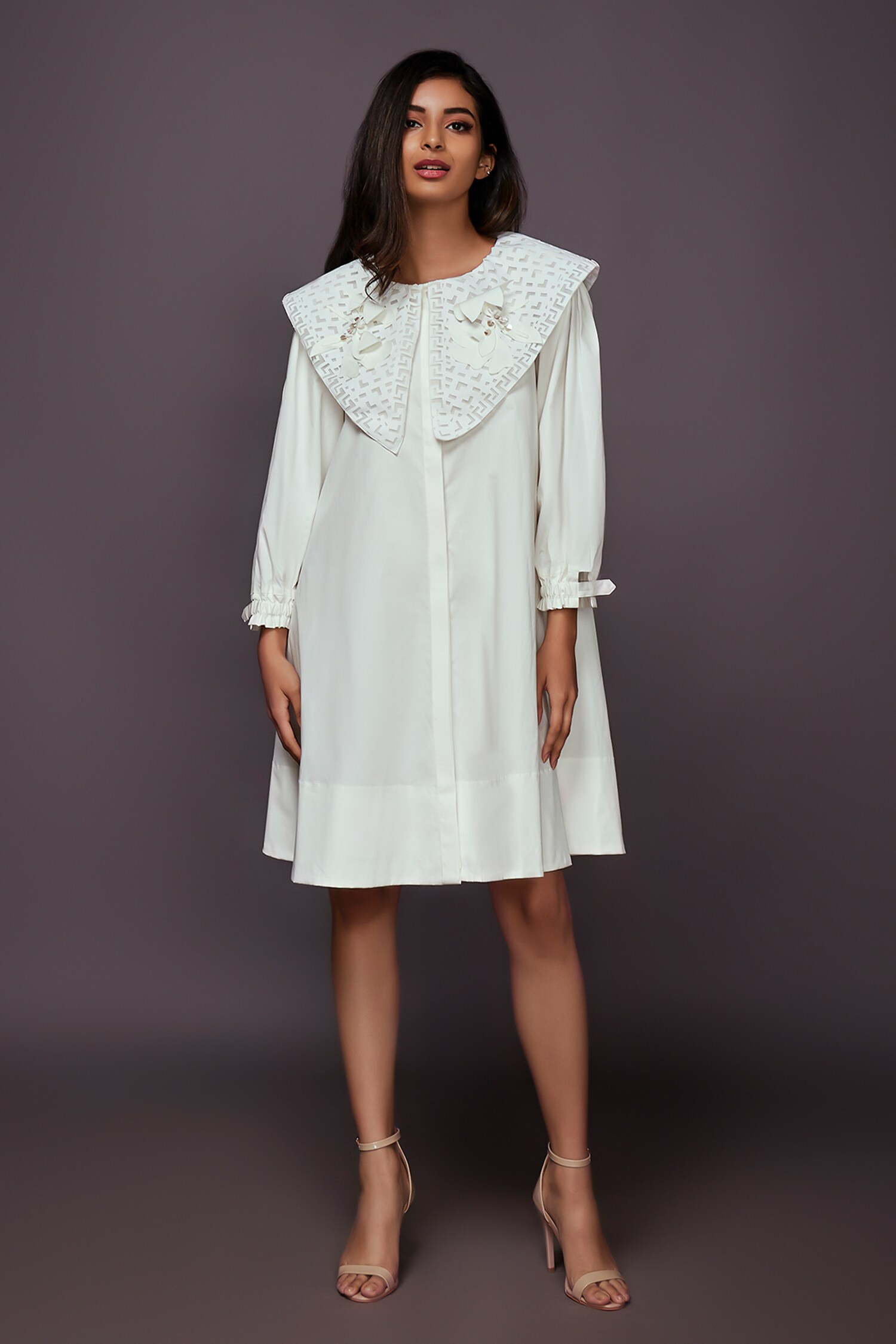 Buy White Cotton Plain Round Dress With Cutwork Collar For Women by ...