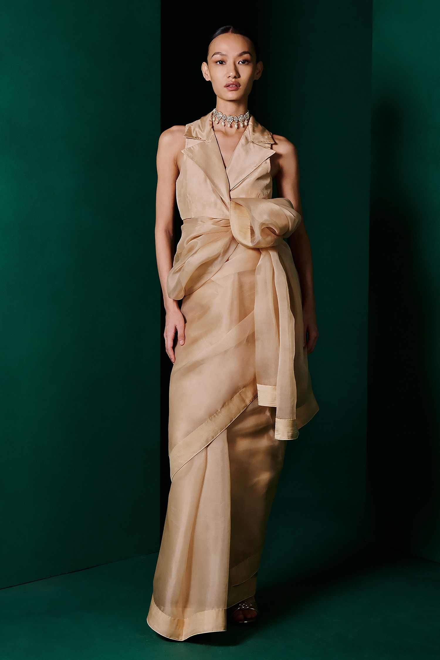 Buy Ekaya Beige Organza Handwoven Solid Saree With Unstitched Blouse ...