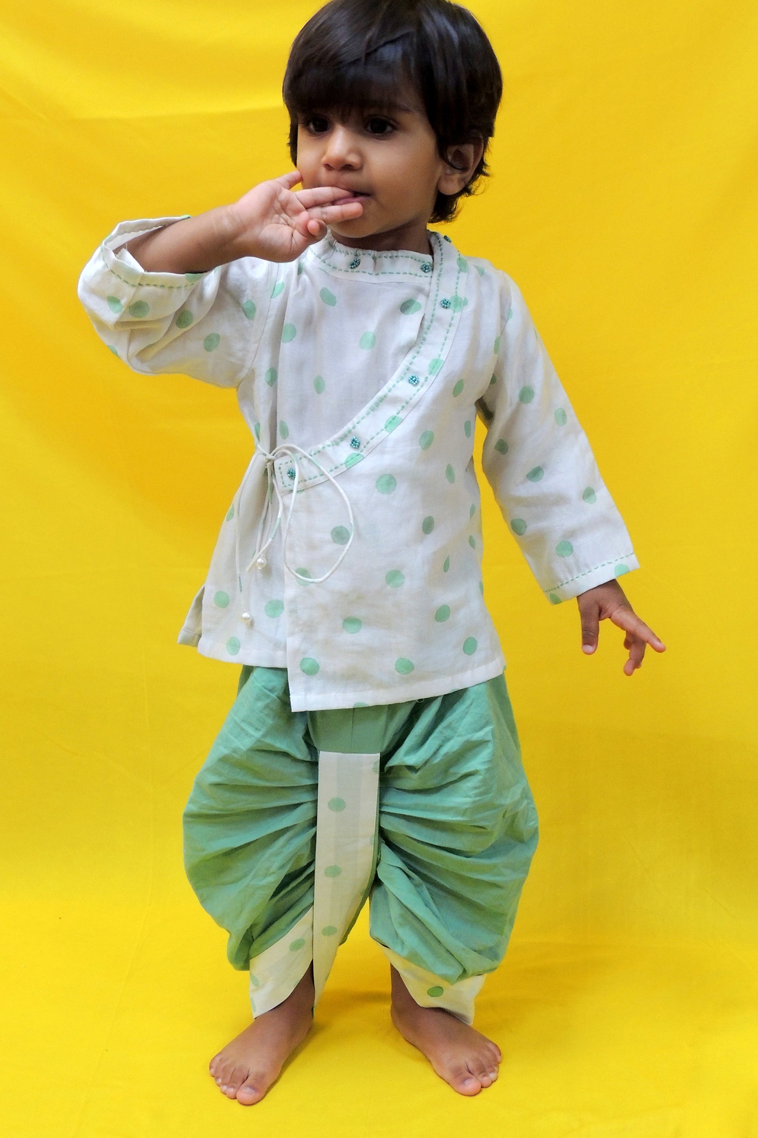 Buy Off White Chanderi Hand Block Print Polka Dot Angrakha With Dhoti ...