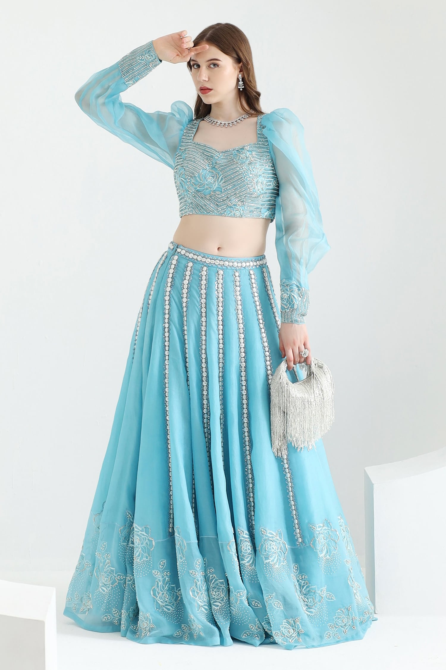 Buy Blue Organza Embroidery Pearls Tanisha Work Lehenga With Blouse For ...