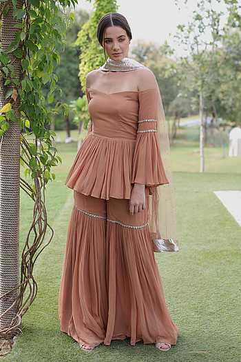 Buy Swatee Singh Pink Georgette Sleeve Embroidered Off-shoulder Top ...